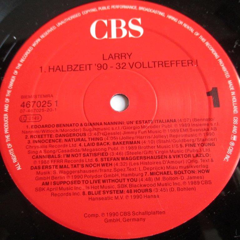 Various Artists – Larry – 1. Halbzeit ’90 2LP : Laid Back, Roxette, FYC ...